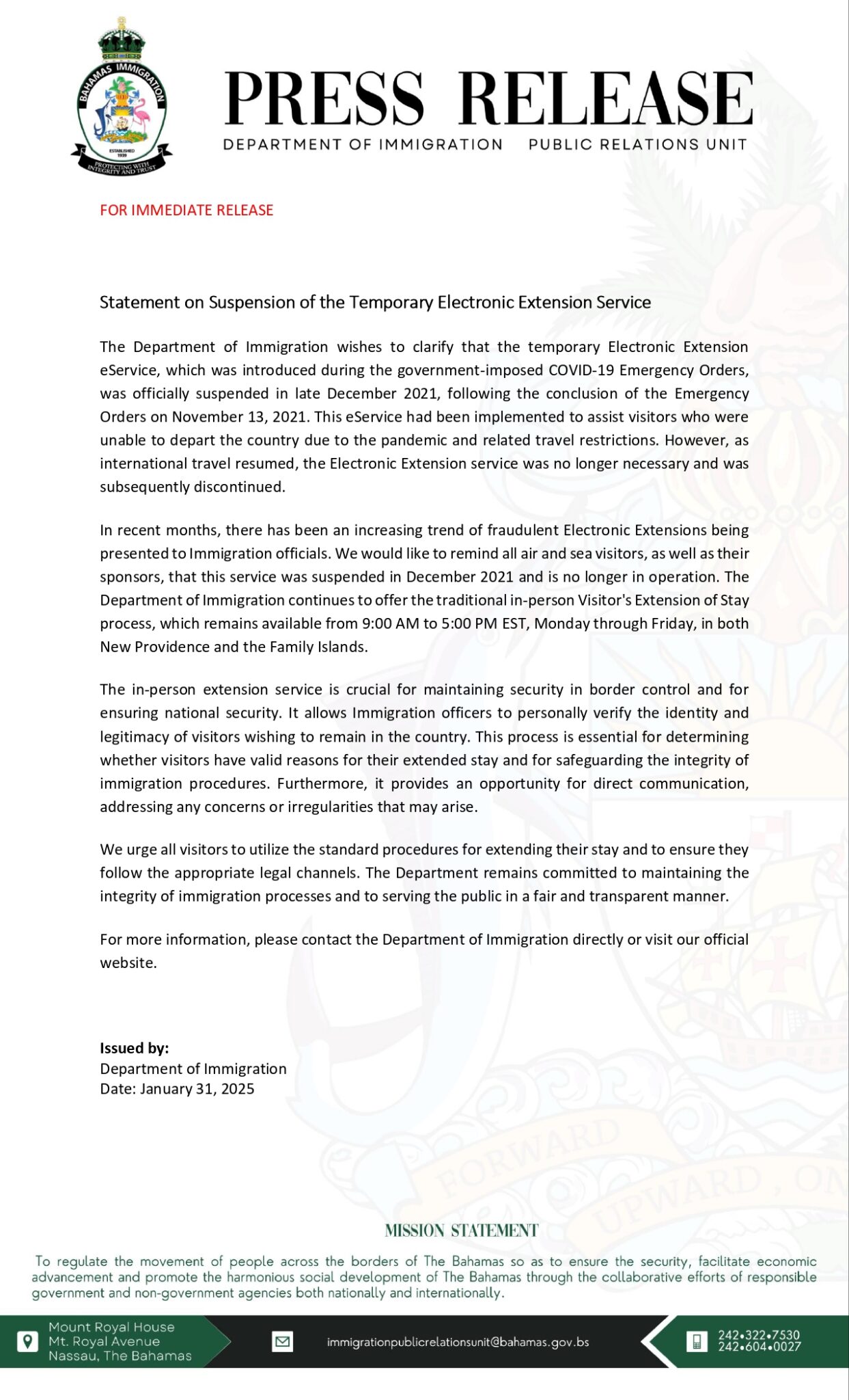Statement on Suspension of the Temporary Electronic Extension eService ...